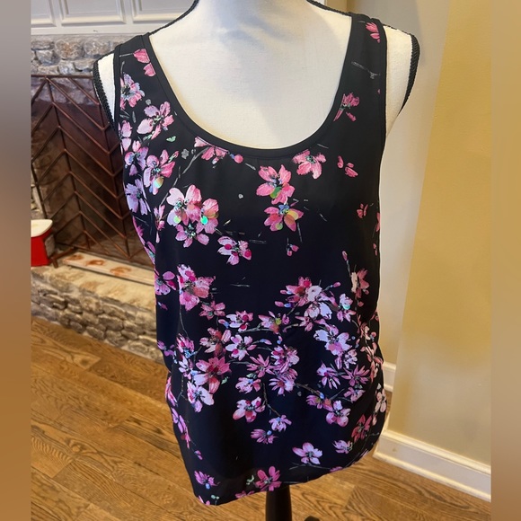 Express | Tops | Express Black And Pink Flowers Sequin Tank Top | Poshmark